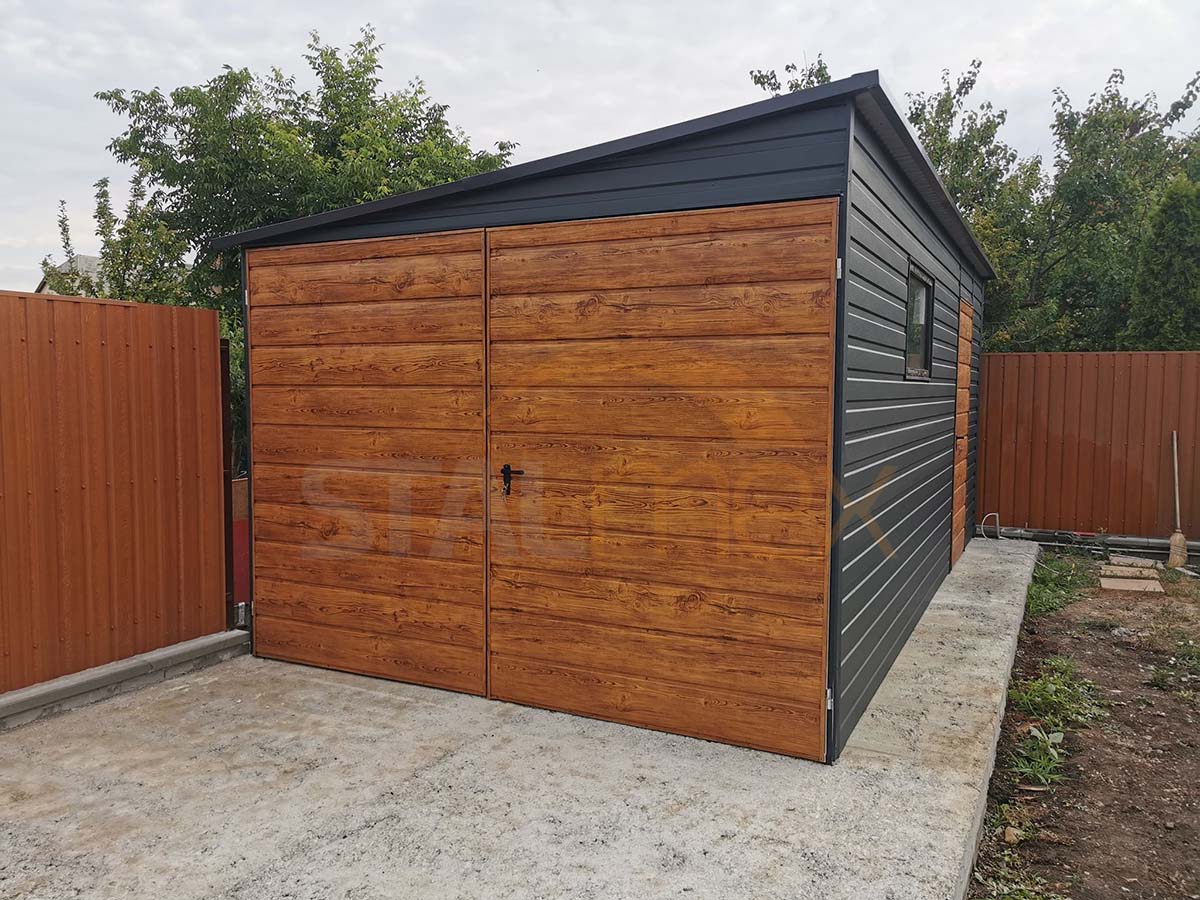 Garaż blaszany 3×5×2,4 - BTX 7016 grafit MAT, spad dachu na lewą stronę ...